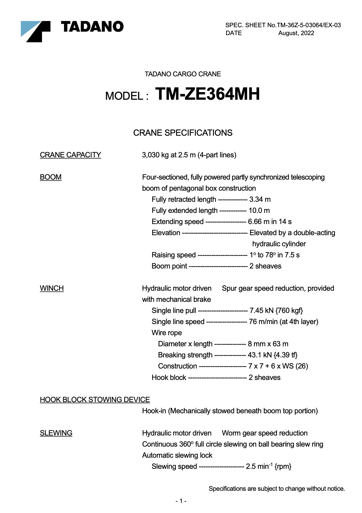 Tadano TM-ZE364MH Load Chart PDF | Specs, Capacity & Download